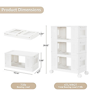 Bagnizer 3 Tiers Narrow Plastic Storage Bins with Lids and Wheels, No Door 49QT Stackable Collapsible Storage Organizers Box Containers for Bedroom, Dorm Room, Off White, 16 x 8 x 24”