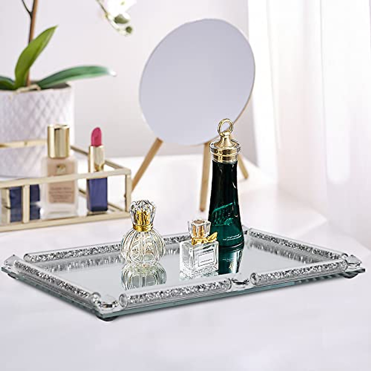 Mirror Crystal Perfume Tray,Crushed Diamond Filled Crystal Glass Tray,Cosmetic Makeup Vanity Tray,Jewelry Trinket Tray,Serving Tray for Home Decorative,Party,Hotel Banquet