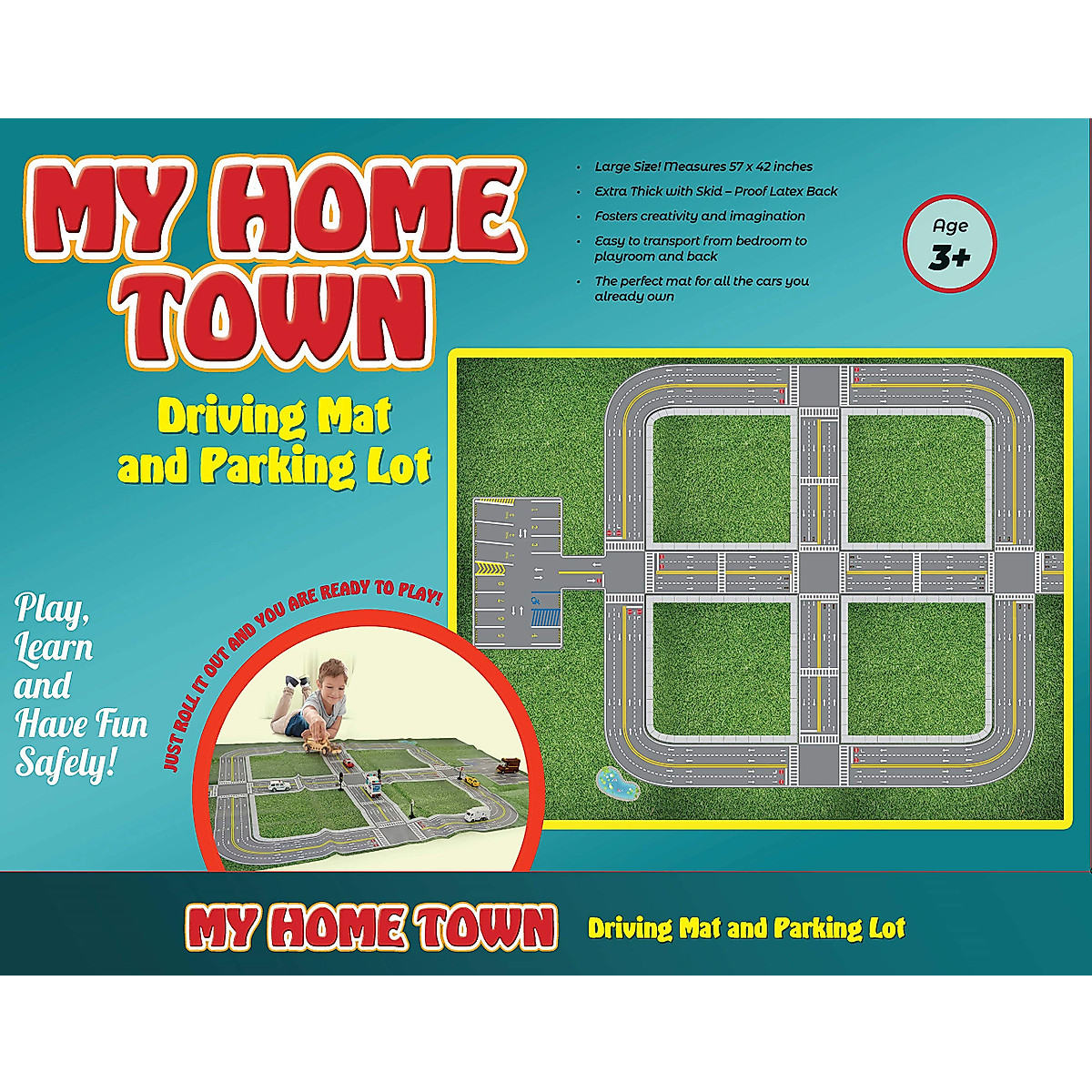 Drive N Learn Car Play Mat City Town and Parking Lot My Home Town” for Kids Toys Cars Matchbox Road Great Gift Idea for Boys Girls Ages 3 or Above 57 x 42 Inch Vinyl Plastic