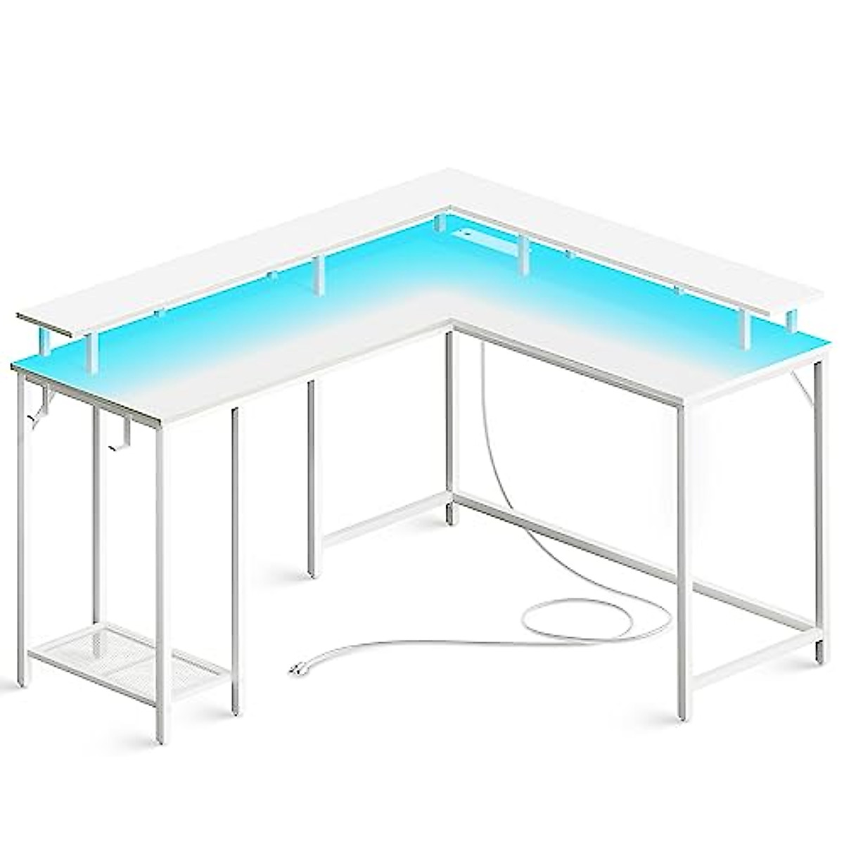 SUPERJARE L Shaped Computer Desk with Power Outlets & LED Lights and Nightstands Set of 2 with Charging Station & LED Light Strips, White