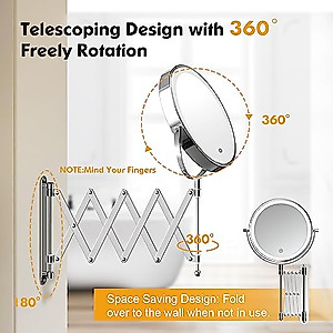 Rechargeable Wall Mounted Makeup Mirror - 8 Inch Double Sided 1X/10X Magnifying Mirror with 3 Color Lights Dimmable Touch Screen, 360°Swivel 19.6 Inch Extendable Mesh Bathroom Mirror - Chrome