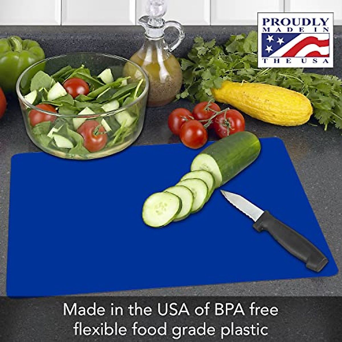 Cut N' Funnel Color Coded Flexible Plastic Cutting Board Mats 4 Pack Made in the USA BPA Free, Dishwasher Safe 11.5” x 15”