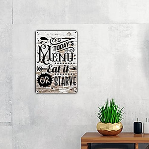 QIONGQI Funny Kitchen Quote Metal Tin Sign Wall Decor Farmhouse Rustic Today's Menu Eat It Or Starve Sign for Home Kitchen Decor Gifts
