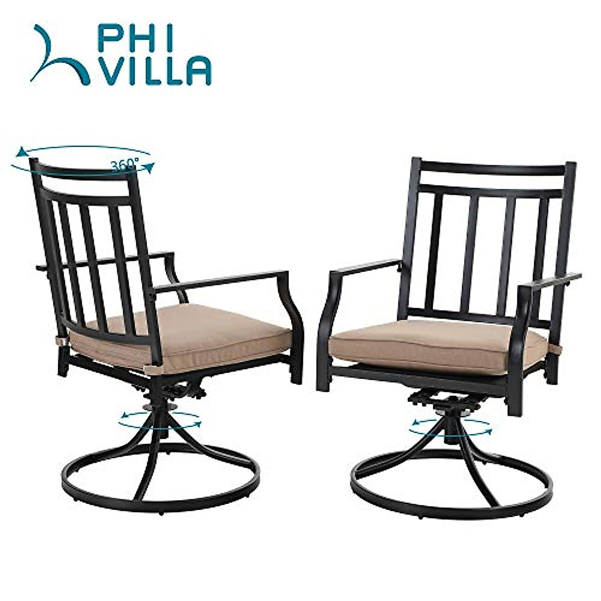 PHI VILLA 7 Pieces Patio Dining Set, 6 Patio Cushioned Swivel Rocker Chairs and 60” Large Rectangle Outdoor Metal Table with 1.57” Umbrella Hole for Deck,Lawn, Garden