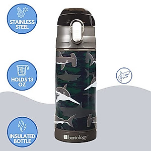 Bentology Stainless Steel 13 oz Shark Insulated Water Bottle for Boys - Easy to Use for Kids - Reusable Spill Proof BPA-Free, Fits in Most Lunch Boxes & Bags, Use for Summer Camp, Back to School