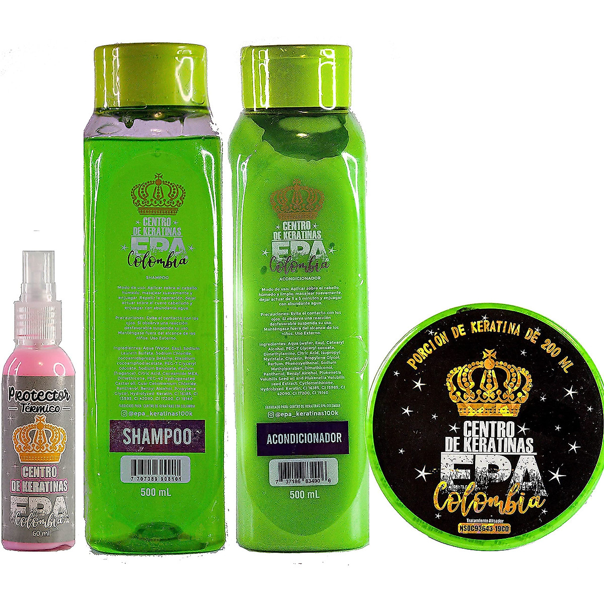 EPA COLOMBIA Keratin Minicombo Set - Shampoo, Conditioner, Brush, 200ML Treatment, Thermal Protector Spray for All Hair Types