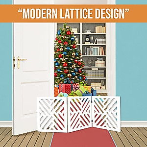 Bundaloo Freestanding Dog Gate Expandable Decorative Wooden Fence for Small to Medium Pet Dogs, Barrier for Stairs, Doorways, & Hallways (Lattice - White)