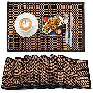 Eorbow 8 Pack Bamboo Placemats, Natural Anti-Slip Dining Table Mats, Rustic Heat-Resistant Place Mats, Japanese Style Washable Placemats for Dining Room, Kitchen, Restaurant, 18 x 12 Inch