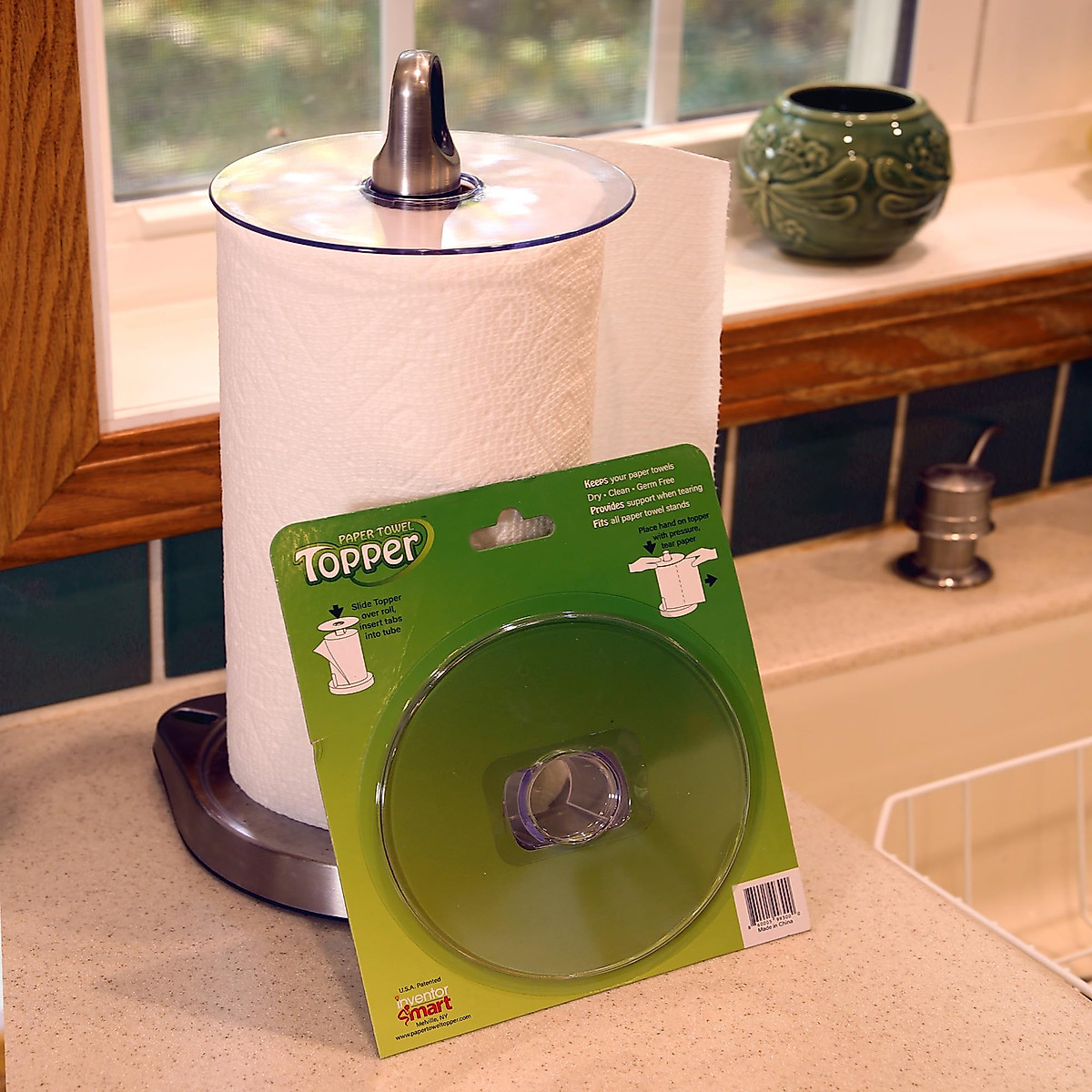 Paper Towel Topper- Keeps Top of Paper Towel Roll Clean & Dry - Paper Towel Holder Countertop Stand
