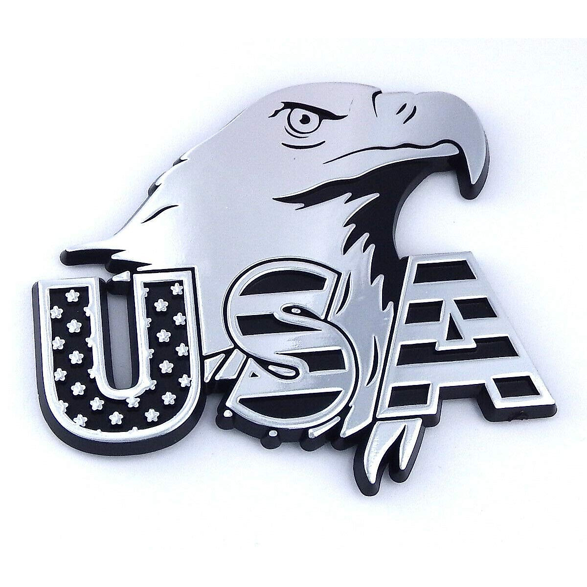 USA American Eagle Flag Black with Chrome Eagle Plastic car Emblem Decal 3"