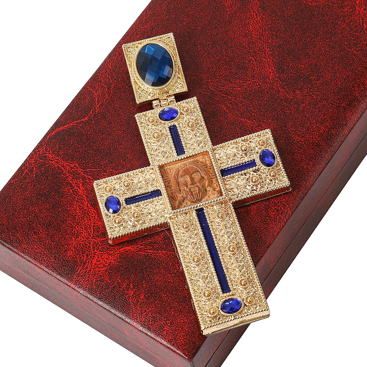 Nazareth Store Pectoral Cross Wooden Jesus Face Crucifix Pendant Icon Blue Crystallized Stones Elements Christian Priest Bishop Necklace 23"