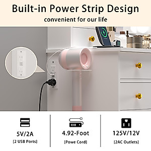 yesasin Makeup Vanity Desk with Mirror and Lights, White Vanity with Charging Station & Vanity Chair, LED Light Vanity Table Set with Storage 7 Drawers and 4 Cabinet for Bedroom, Dressing Bedroom