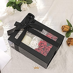 PACKQUEEN Gift Box with Window, 9x6.5x3.8 Inches, Black Gift Box for Present Contains Ribbon, Card, Groomsman Proposal Box, Gift Box with Magnetic Lid (Glossy Black)