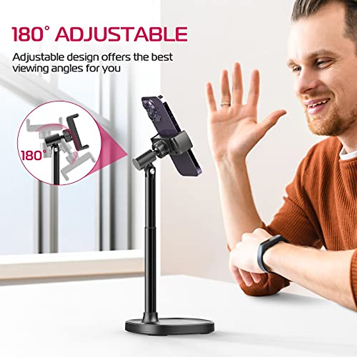 ULANZI Cell Phone Stand Mount for Desk, Vijim HP004 Adjustable Height & Angle Phone Holder, 360 Degree Rotating Desktop Phone Stand for Recording Compatible with iPhone, Samsung Galaxy and All Phones