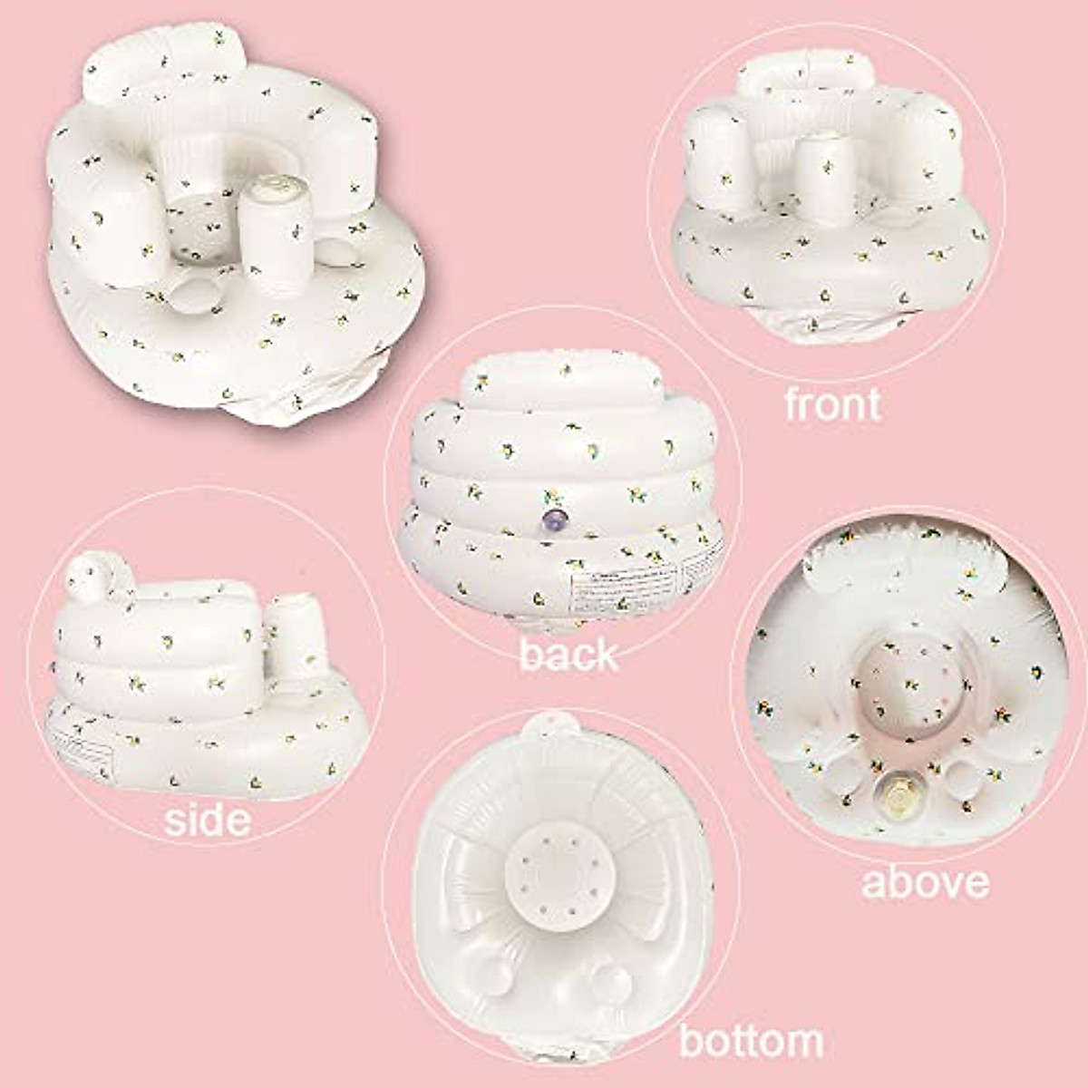 Swity Home Baby Inflatable Seat for 3-36 Months, Built in Air Pump Infant Back Support Sofa, Protect Spine, Safe Toddler Feeding/Shower Chair for Learning to Sit Up (Olive Flowers, Off-White)