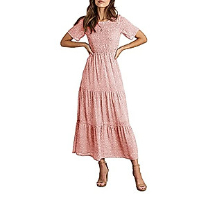 BTFBM Women Casual Short Sleeve Crew Neck Summer Dress Bohemian Floral Printed Flowy Maxi Dresses Tiered Cocktail Dress（Pink, Small