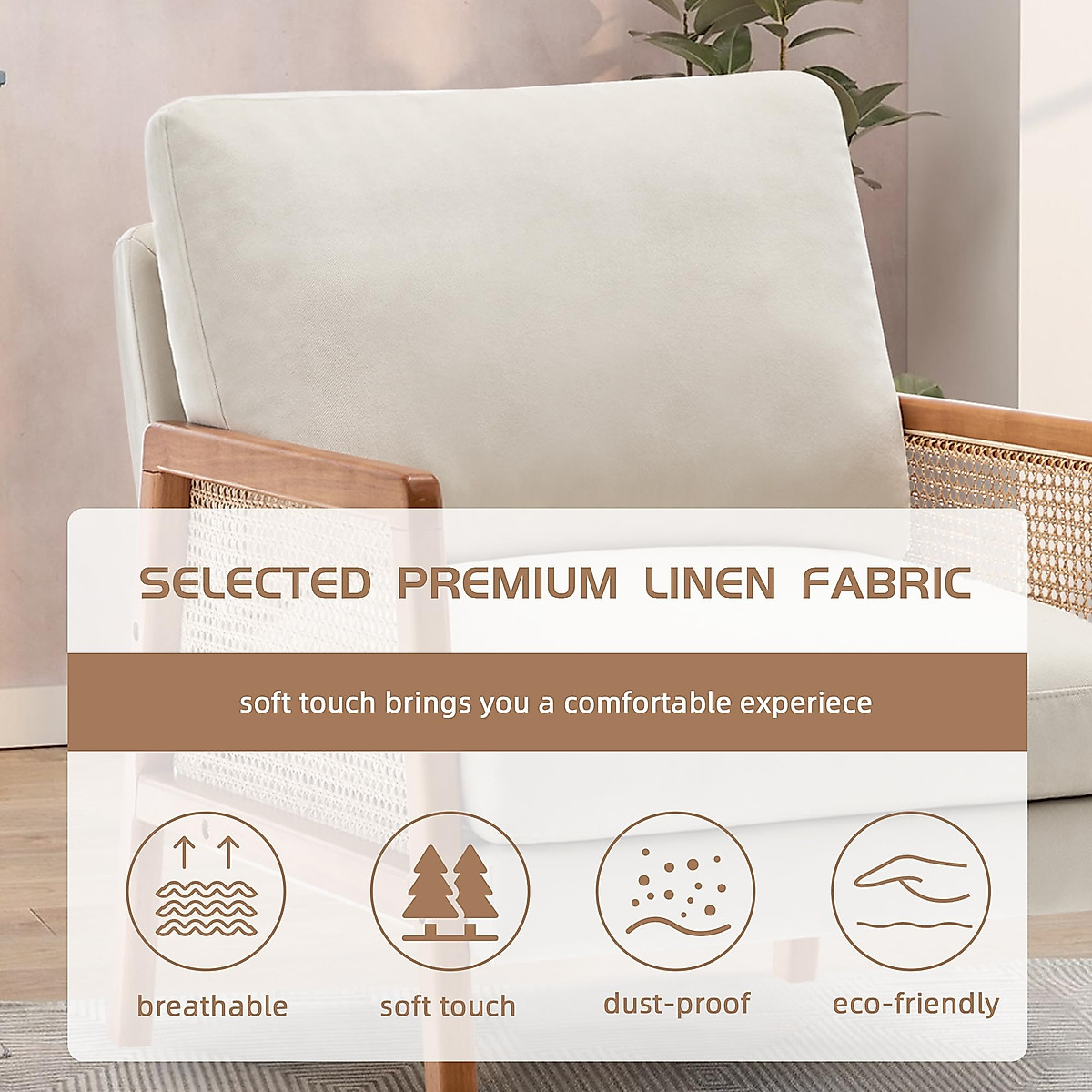 Alunaune Ivory Accent Chair Natural Rattan Armchair Upholstered Living Room Chairs, Modern Slipper Club Chair Guest Reception Couch Comfy Single Sofa for Reading Bedroom