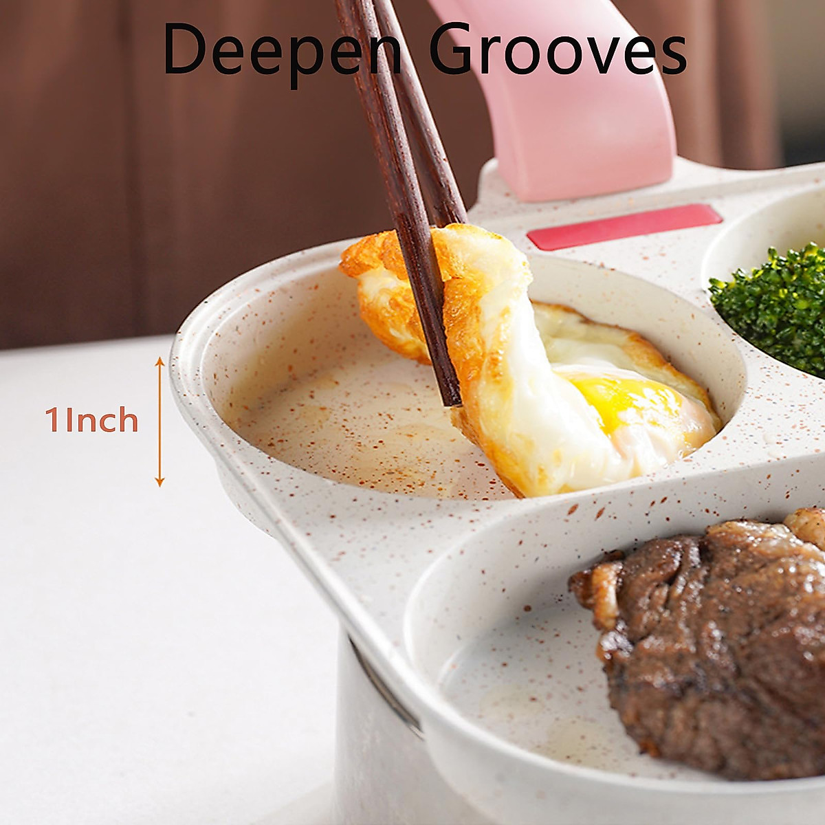 JUSTUP Nonstick Frying Pan, Divided Grill Frying Pan 3 Cups Pink Pancake Pan, Intelligent Temperature Sensing Egg Frying Pan, Breakfast Skillet for Eggs, Pancakes,Bacons (White)