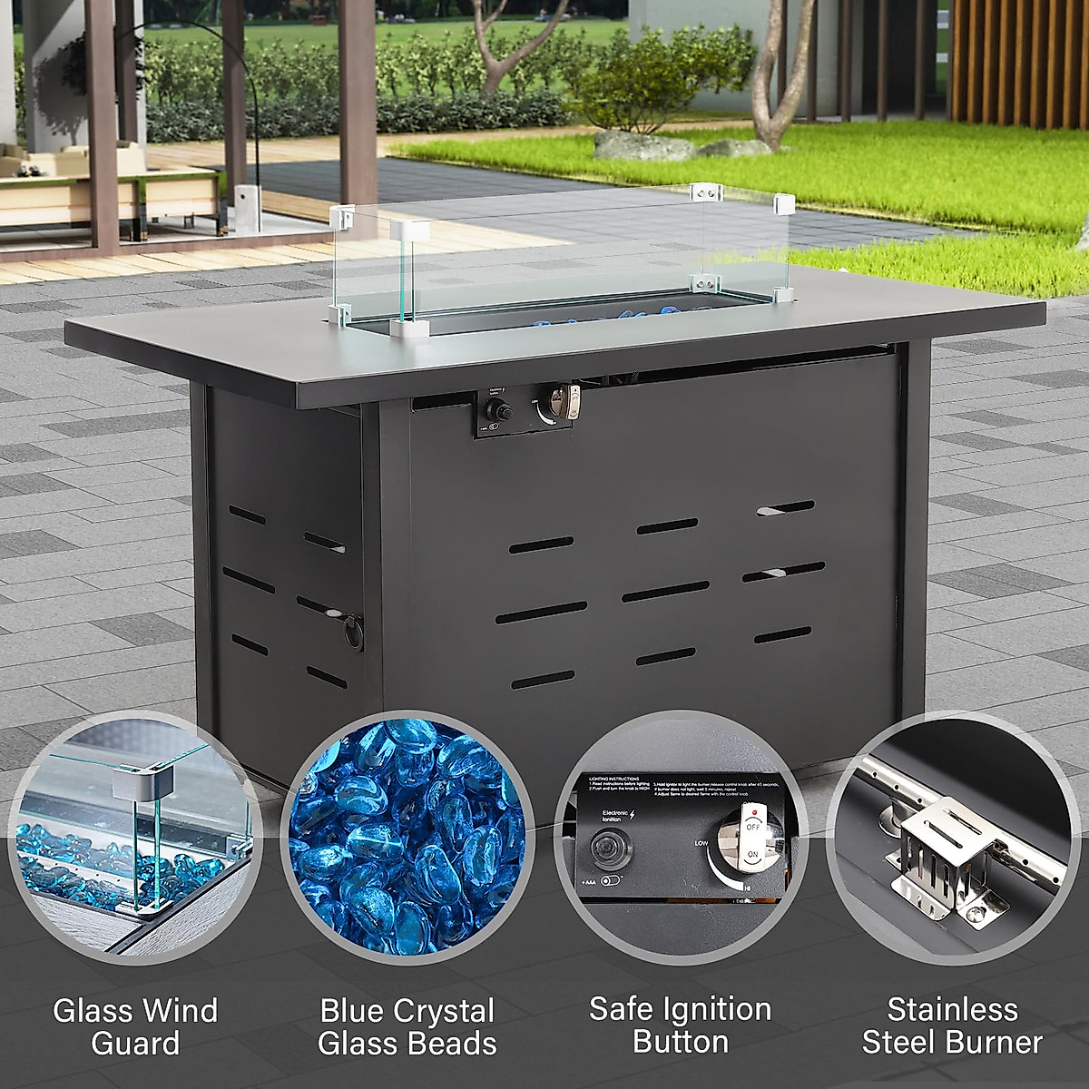 4 Piece Patio Furniture Set 45 Inches Fire Pit Table Outdoor Furniture Sets Patio Couch Outdoor Chairs 50000 BTU Propane Fire Pit with Non-Slip Cushions and Waterproof Covers, Navy Blue