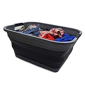 SAMMART 41L (10.8 gallon) Collapsible Plastic Laundry Basket - Foldable Pop Up Storage Container/Organizer - Portable Washing Tub - Space Saving Hamper/Basket, (Rectangular, Grey/Black)