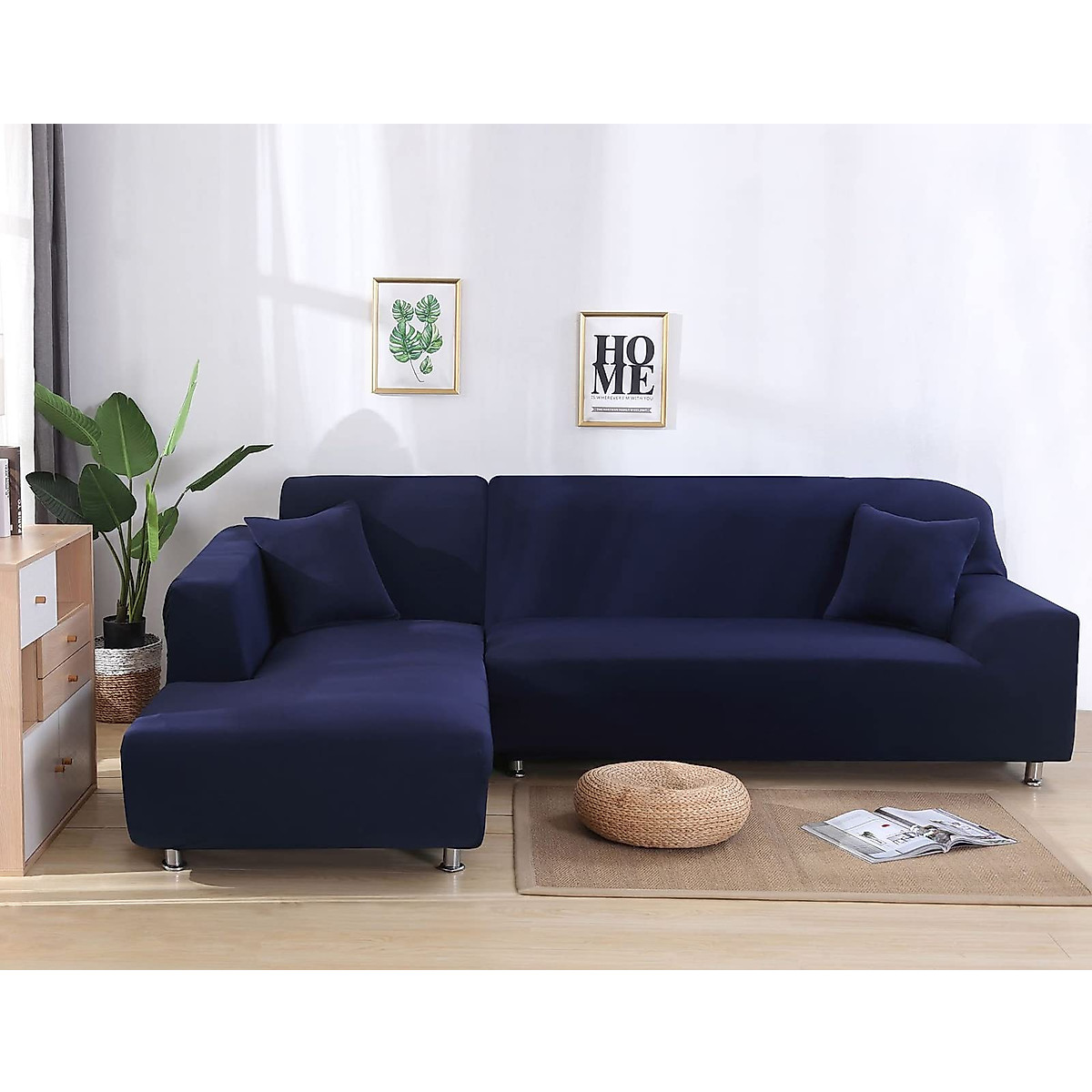 IMYOGI High Stretch Sofa Covers Combination Sofa 2 Pieces Stretch L Shape Sofa Slipcover Spandex Non Slip Furniture Protector for Kids & Pets -Navy Blue-4 Seater + 4 Seater