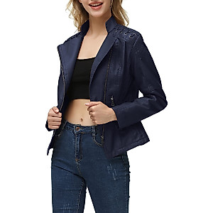 MODFUL Women's Faux Leather Moto Jacket Casual Short Solid Color PU Biker Coat with Pockets(Navy,Medium)