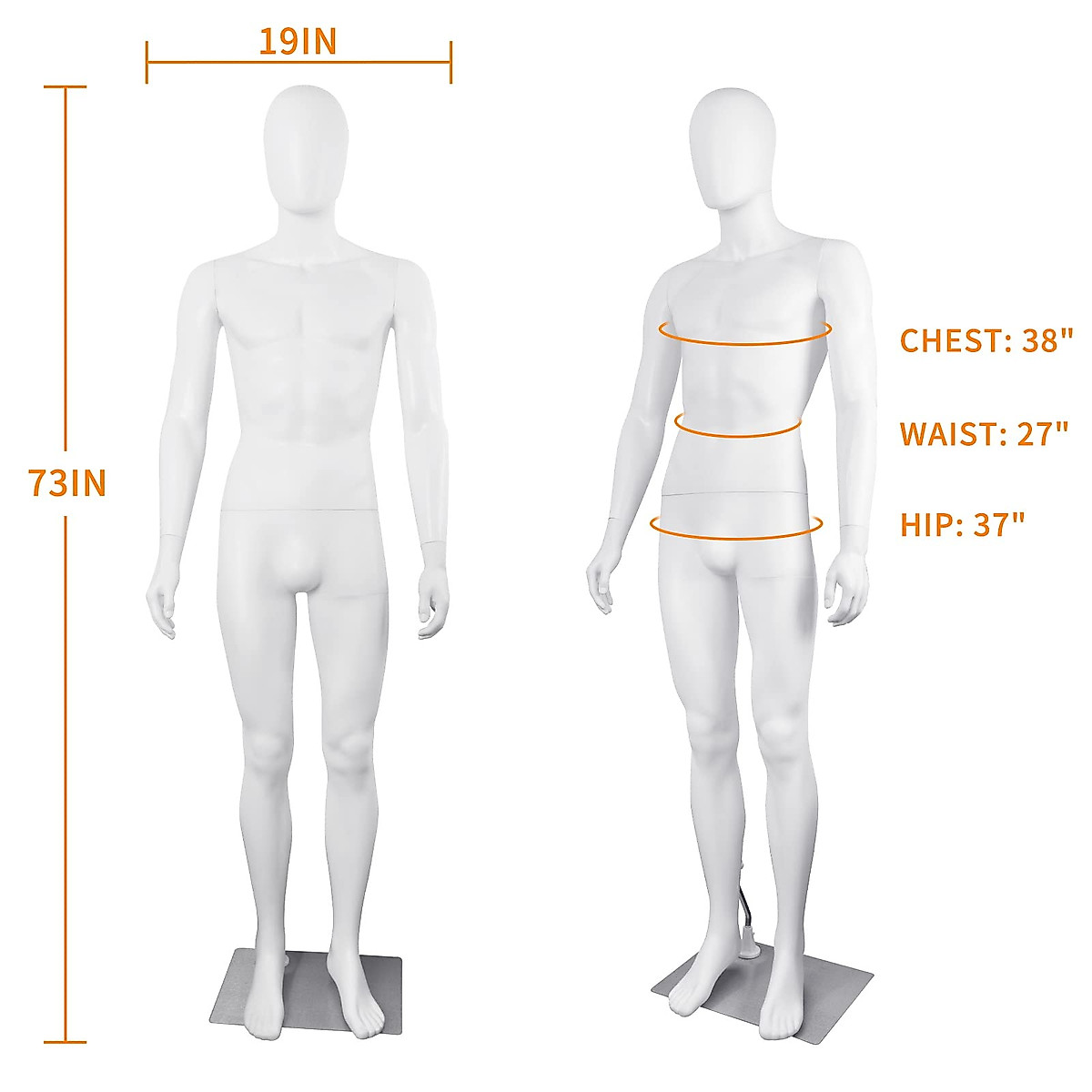 Male Dress Form Mannequin Full Body Adjustable Model Maniquin Stand Realistic Display Maniquine Head Metal Base for Clothing Shops, White Matte 73 inch