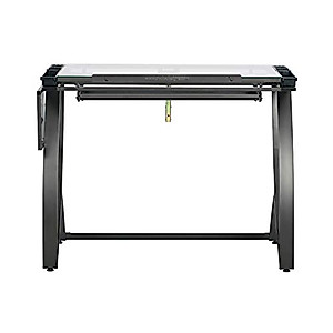 SD STUDIO DESIGNS Futura Luxe Drawing, Drafting, Craft Table with Drawer, 35" Wide Angle Adjustable Top and Side Shelf, Pewter Grey/Clear Glass