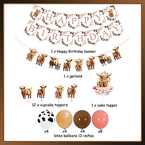 Highland Cow Birthday Decorations Girl, Boho Retro Floral Highland Cow Party Supplies - Happy Birthday Banner, Highland Cattle Garland, Cake Toppers, Balloons for Farm Animal Holy Cow Party Decor