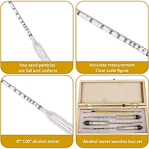XJKLBYQ Alcohol Hydrometer 3Pcs 0-100 Proof Alcohol Tester Accurate Graduated Alcohol Meter with Thermometer & Wooden Box, Hydrometer for Wine, Beer, Cider, Proofing, Distilling, Hydrometer Alcohol