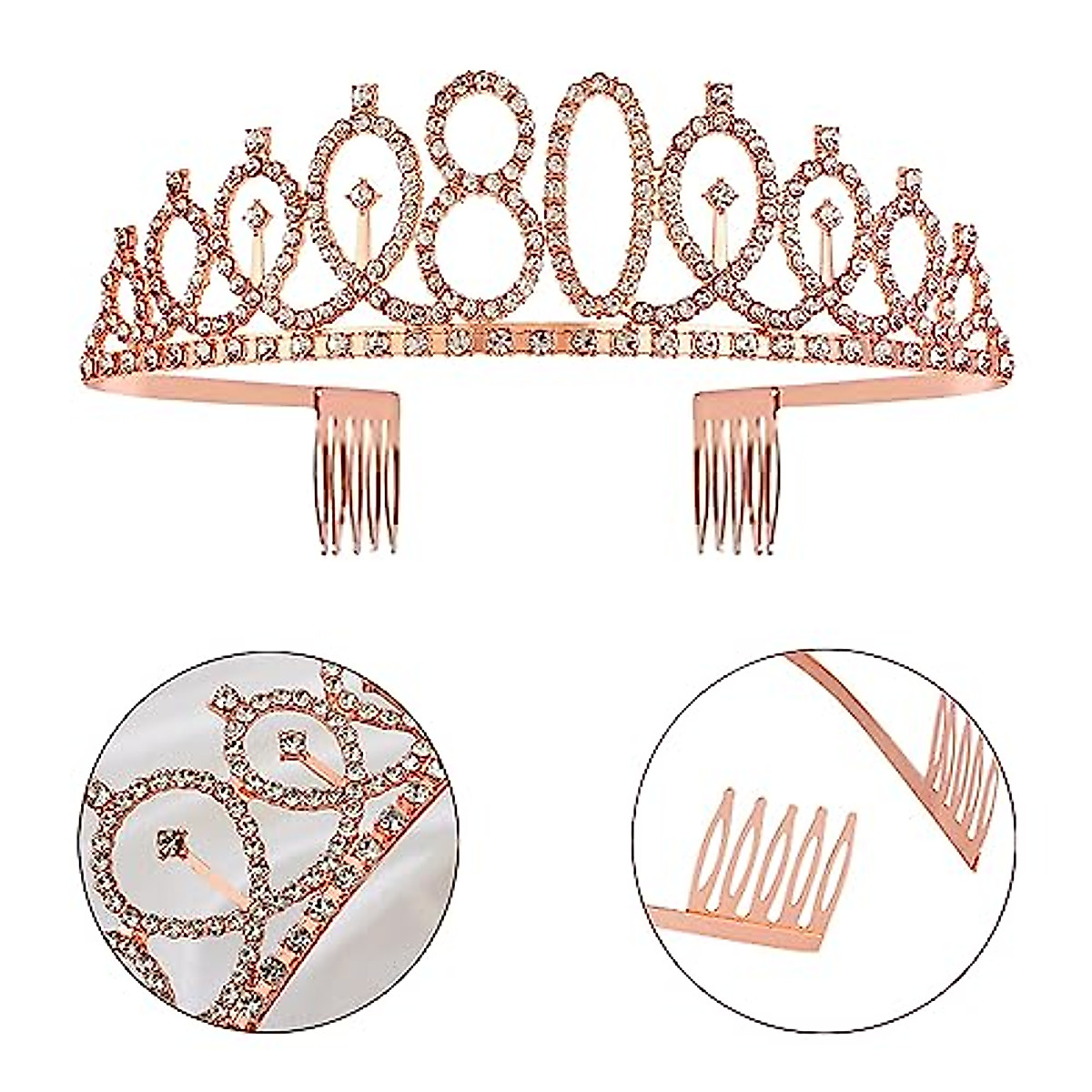 Ceqiny 80th Birthday Sash Tiara and Crowns for Girls, Birthday Queen Rose Gold Tiara, Princess Tiara Rhinestone Headbands with Combs Bridal Wedding Tiaras for Wedding Prom Bridal Party Christmas