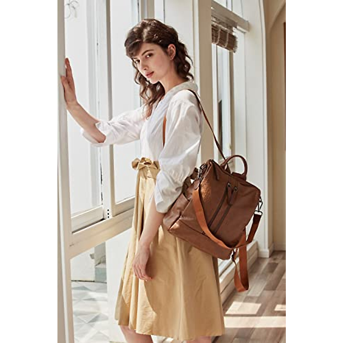 BROMEN Women Backpack Purse Leather Travel Backpack Fashion Shoulder Handbag Brown