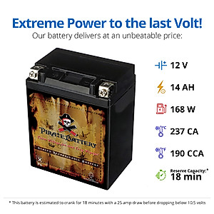 Pirate Battery YB14A-A2 Conventional Replacement Battery for ATV, Motorcycle, Personal Watercraft, and Snowmobile: 12 Volts, 1.4 Amps, 14Ah, Nut and Bolt (T3) Terminal