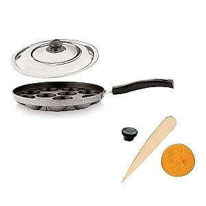 Non Stick Aluminium Appam Pan 12 Cavity With Handel and Stainless Steel Lid - Blak and Silver
