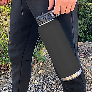 LaserGram 40oz Double Wall Flip Top Water Bottle With Straw, Basketball Ball, Personalized Engraving Included (Black)