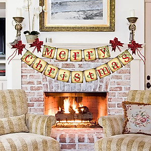 Merry Christmas Banner - Vintage Christmas Banners Xmas Decorations for Mantle Indoor, Christmas New year Party Fireplace Decorations, Christmas Chimney Banner with 4 Red pull flower