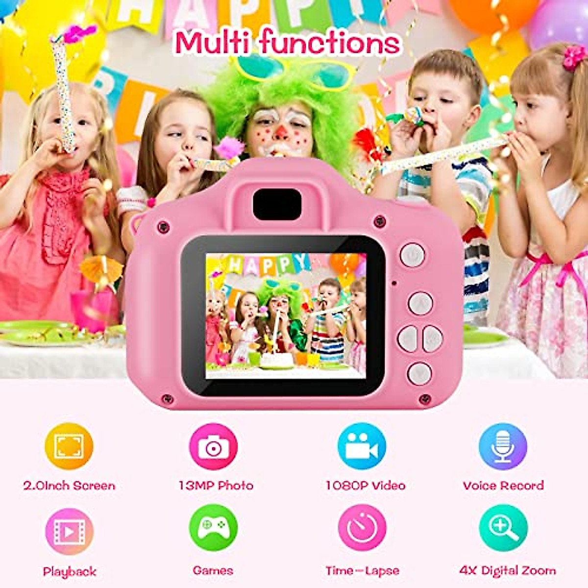 Kids Camera, Toddler Camera Children Digital Camera Toys with 13MP Video Camcorder 32GB SD Card and Camera Case for 3–10 Year Old Boys and Girls Pink