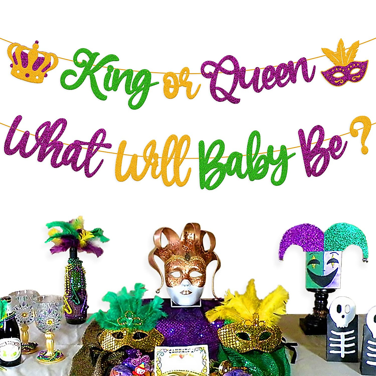 King Or Queen What Will Baby Be Banner Mardi Gras Gender Reveal Decoration Carnival Fleur De Lis Shrove Fat Tuesday New Orleans Masquerade Theme Baby Shower Party Supplies