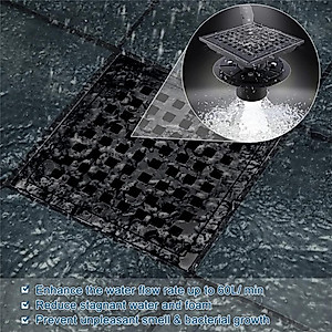 ELLO&ALLO Shower Floor Drain with Flange,Quadrato Pattern Grate Removable 6 Inch Square, SUS 304 Stainless Steel, Matte Black