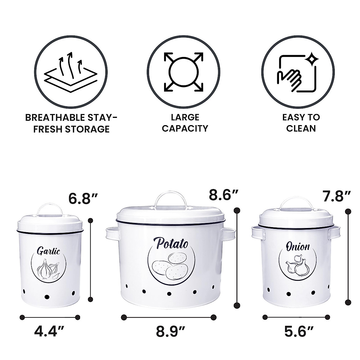 Wishful Home Potato storage | Onion & Potato Storage Container | Garlic, potato Keeper For Counter | Potato & Onion Storage Bin | potato onion garlic storage | 3 Metal Sets with Lid for Kitchen |White