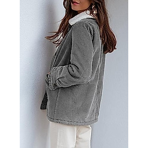 Dokotoo Womens Casual Jackets Winter Warm Thick Sherpa Lined Corduroy Jacket Teddy Bear Button Down Fleece Fluffy Lapel Collar Ruffle Long Sleeve Cute Fall Coat Outwear with Pockets Gray XL