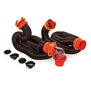 Camco RhinoFLEX 20-Ft Camper/RV Sewer Hose Kit - Features Clear Elbow Fitting w/Removable 4-in-1 Adapter - Connects to 3” Slip or 3”/3.5”/4” NPT Threaded Sewer Connection (39742)
