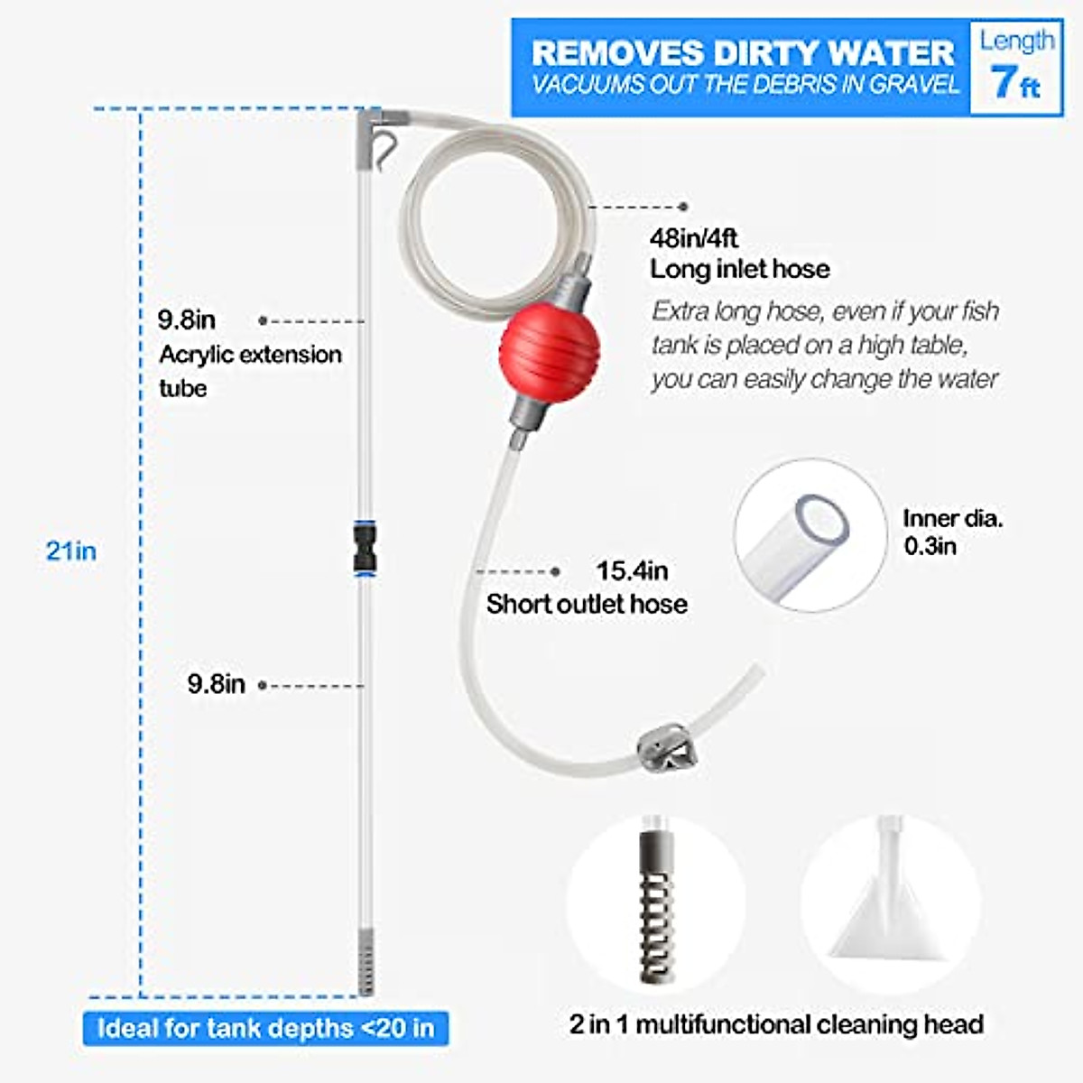 Damrcnn 5 10 Gallon Small Fish Tank Aquarium Vacuum Siphon Pump Gravel Cleaner Water Changer with Long Hose and Coral Feeder Pipettes Dropper Betta Fish Tank Accessories Cleaning Tools kit-Red