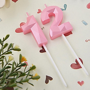 2 inch Pink 12 & 21 Birthday Candles, 3D Diamond Number 12th & 21st Cake Topper for Boys Girls Birthday Party Decorations Theme Party