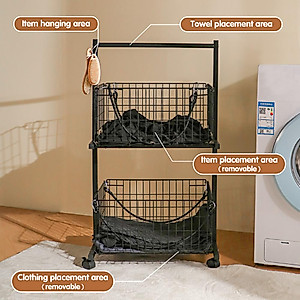 2 baskets rolling laundry basket for garments storage, easy moved with wheels have brake, Laundry basket, white and black，rolling basket (BLACK)
