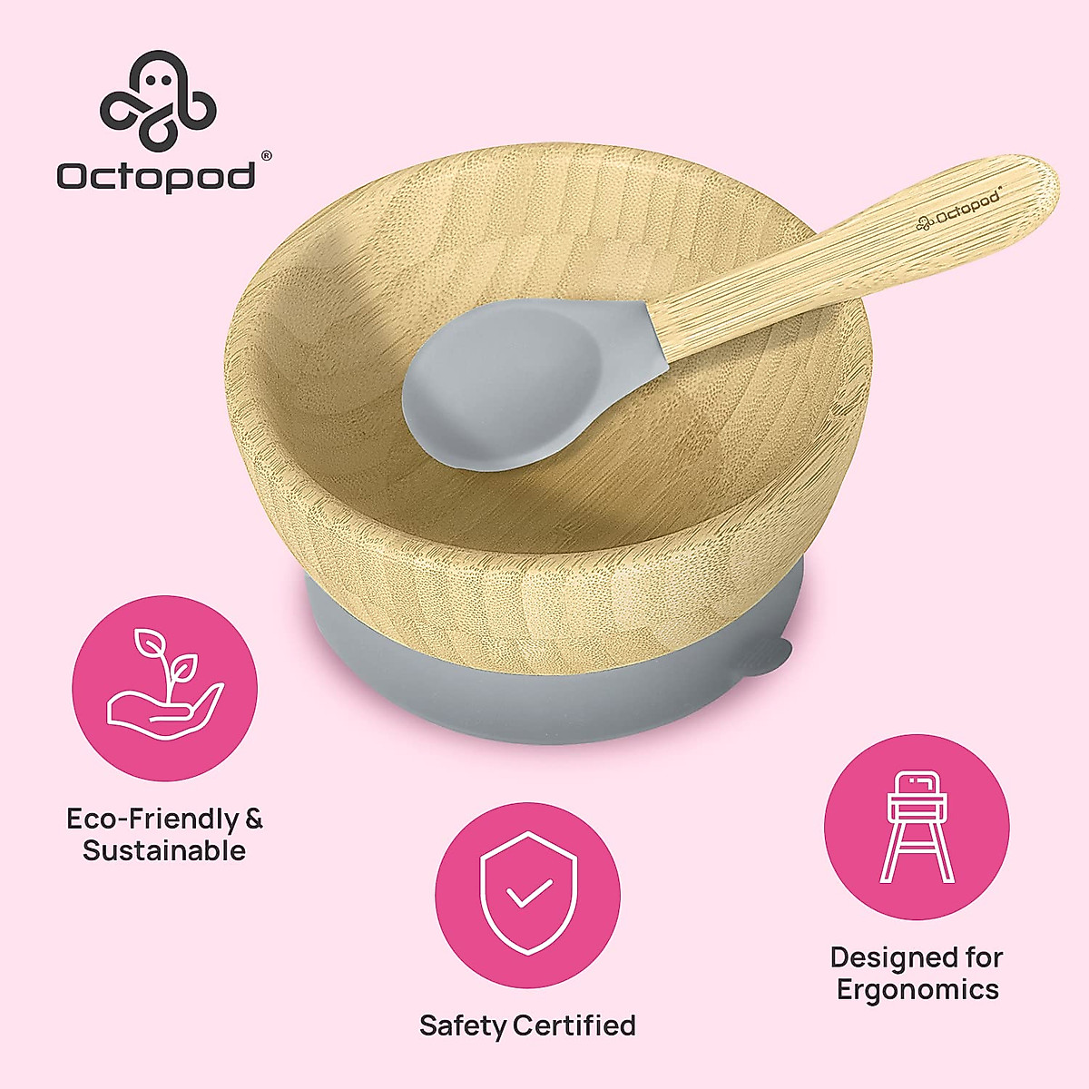 Abiie Octopod Bamboo Dish - Fun Kids Bowls for 4 months and up, Bamboo Suction Bowl, High-Chair Bamboo Baby Bowls, Mess-Free Toddler Suction Bowls, Ergonomic Baby Feeding Supplies, 5.7 x 3 x 5.7 in