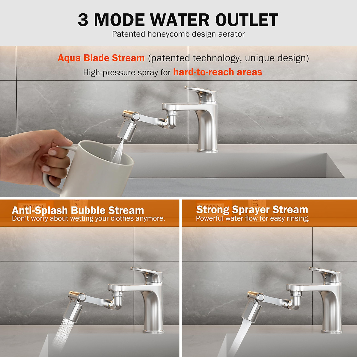 Frizzlife 1440° Swivel Faucet Extender Sink Aerator, 3-Mode Sprayer Water Filter Extension, 1080° Robotic Arm + 360° Rotating Universal Tap Attachment For Bathroom/Kitchen ＆ Washing Hair/Face/Kids Use