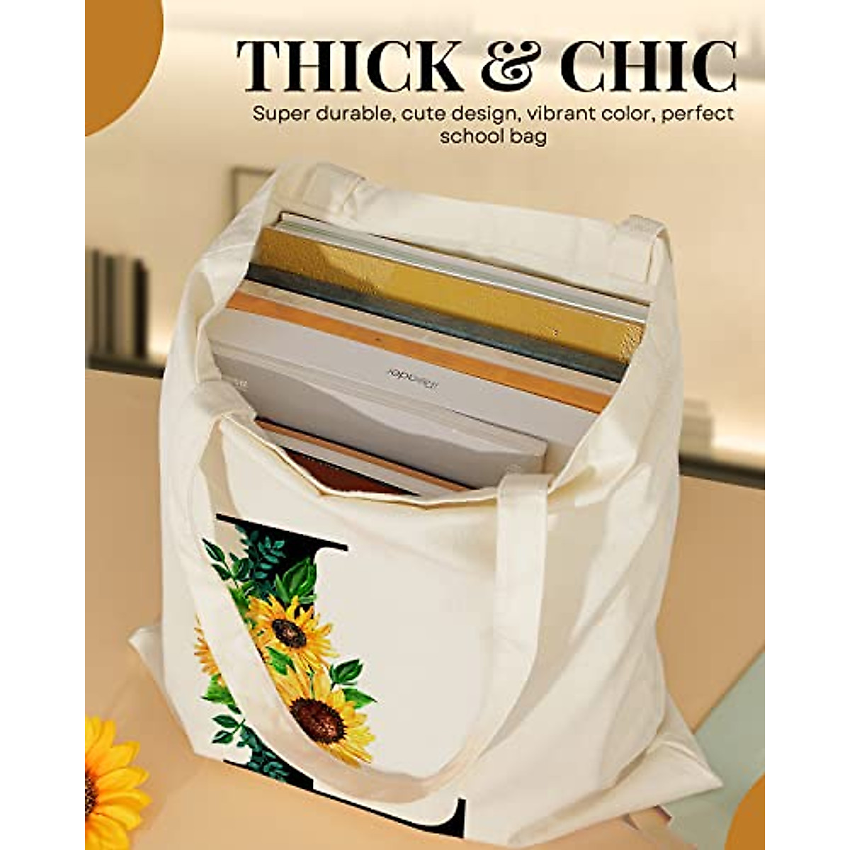 AUSVKAI Canvas Tote Bag Aesthetic for Women, Cute Sunflower Initial Trendy Monogram Personalized Initial Birthday Reusable Cloth Cotton Bags with Handle for Grocery School Shopping Beach