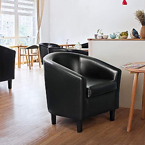 Topeakmart Faux Leather Club Chair, Modern Accent Chair and Cozy Barrel Chair with Sturdy Wood Legs for Living Room Bedroom Reception Room, Black
