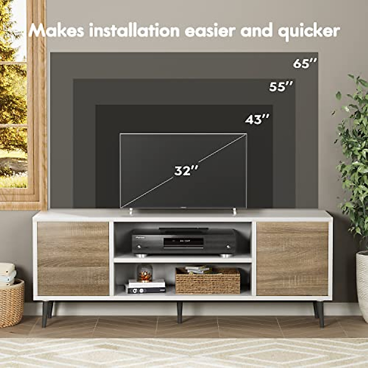 YESHOMY Modern TV Stand for 65" Television, Entertainment Center with Two Storage Cabinets, Retro Style Media Console for Living Room, Bedroom, Office, 58 Inch, White and Coffee